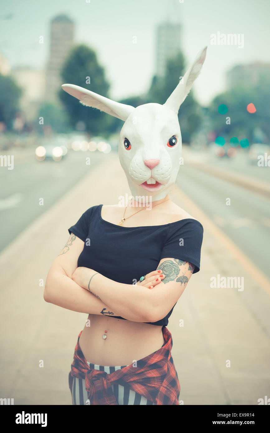 rabbit mask woman in the city Stock Photo - Alamy