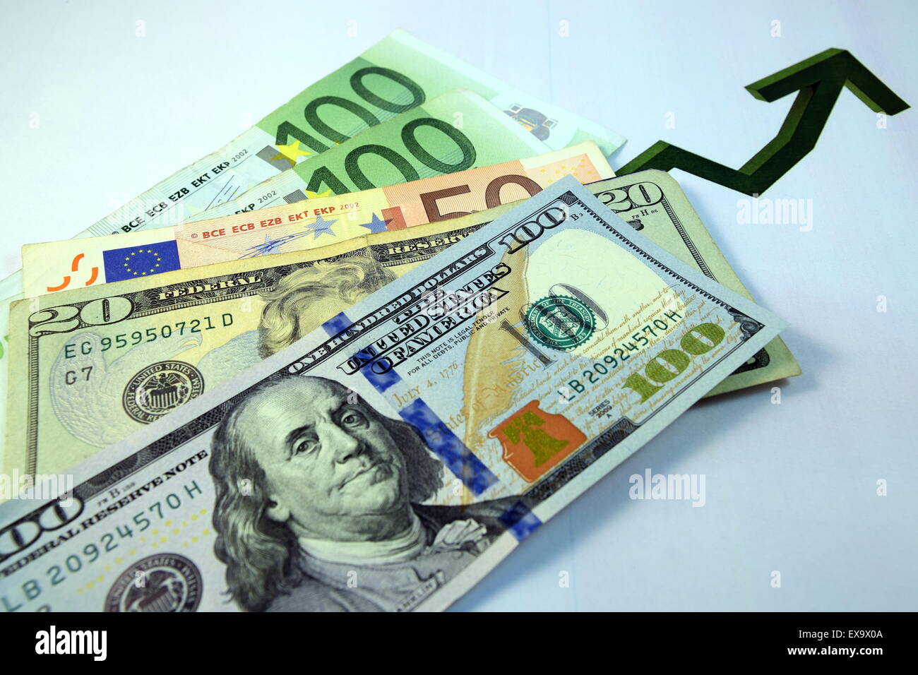 Close up of Various currency notes and coins from different countries ...