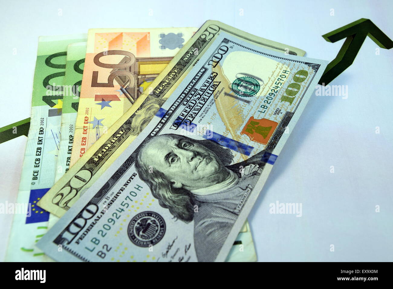 Close up of Various currency notes and coins from different countries ...