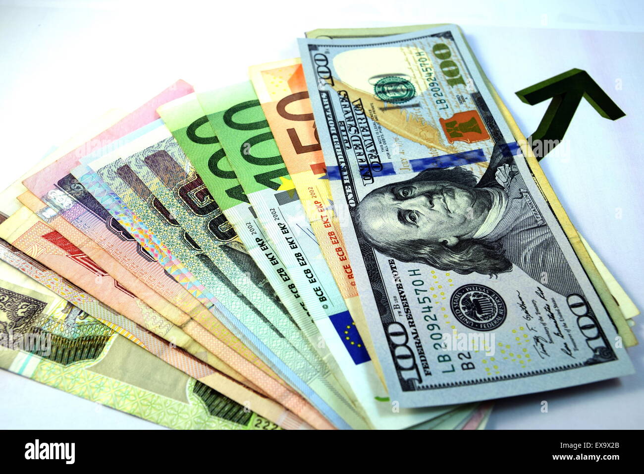 Close up of Various currency notes and coins from different countries ...