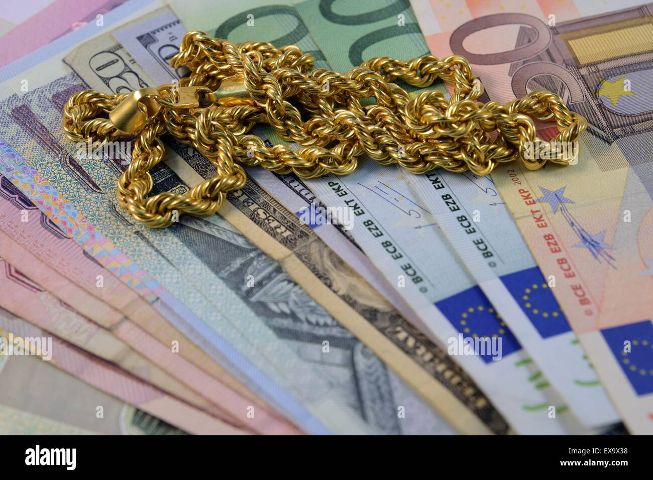 Close up of Various currency notes and coins from different countries ...