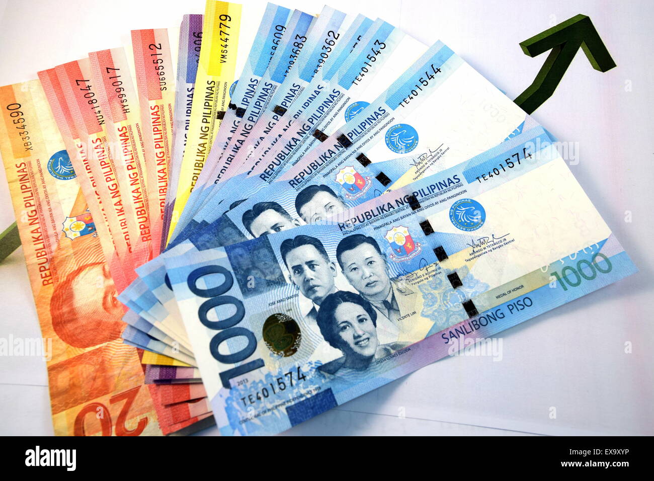 Close up of Various currency notes and coins from different countries ...