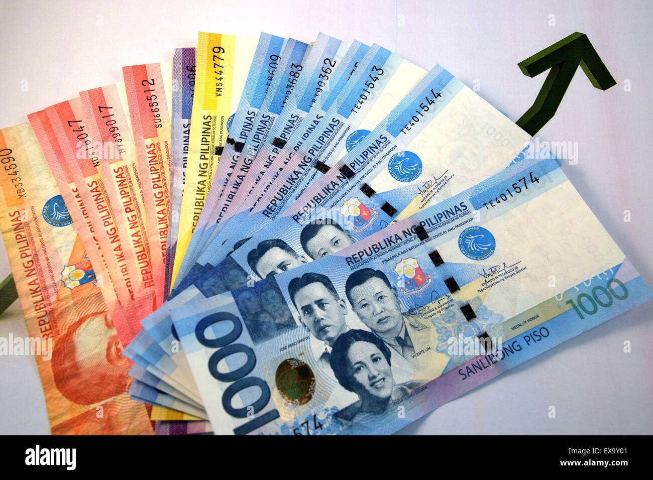 Close up of Various currency notes and coins from different countries ...