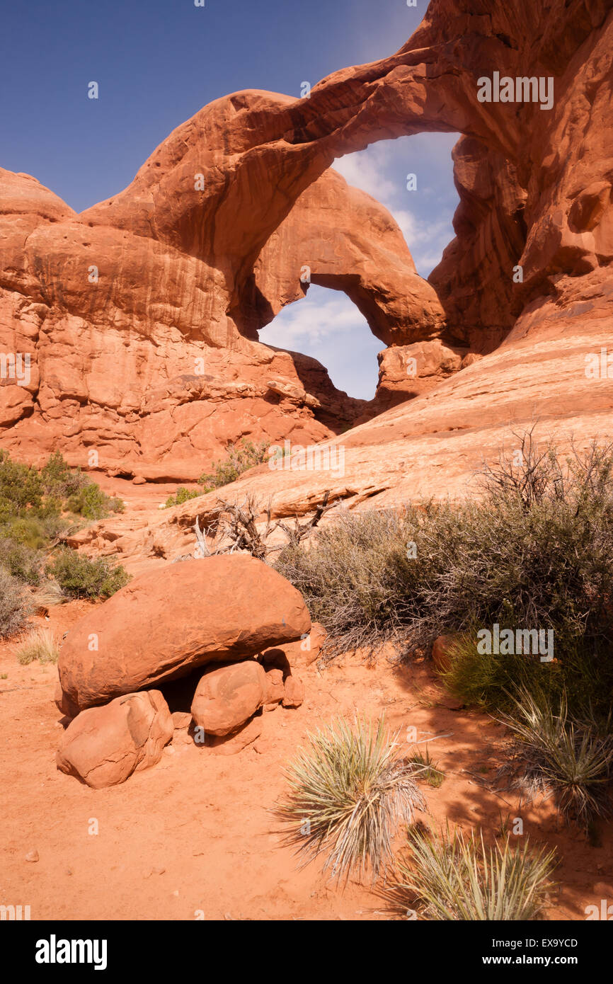 Arches NP provides tall crested buttes with dramatic skies Stock Photo ...