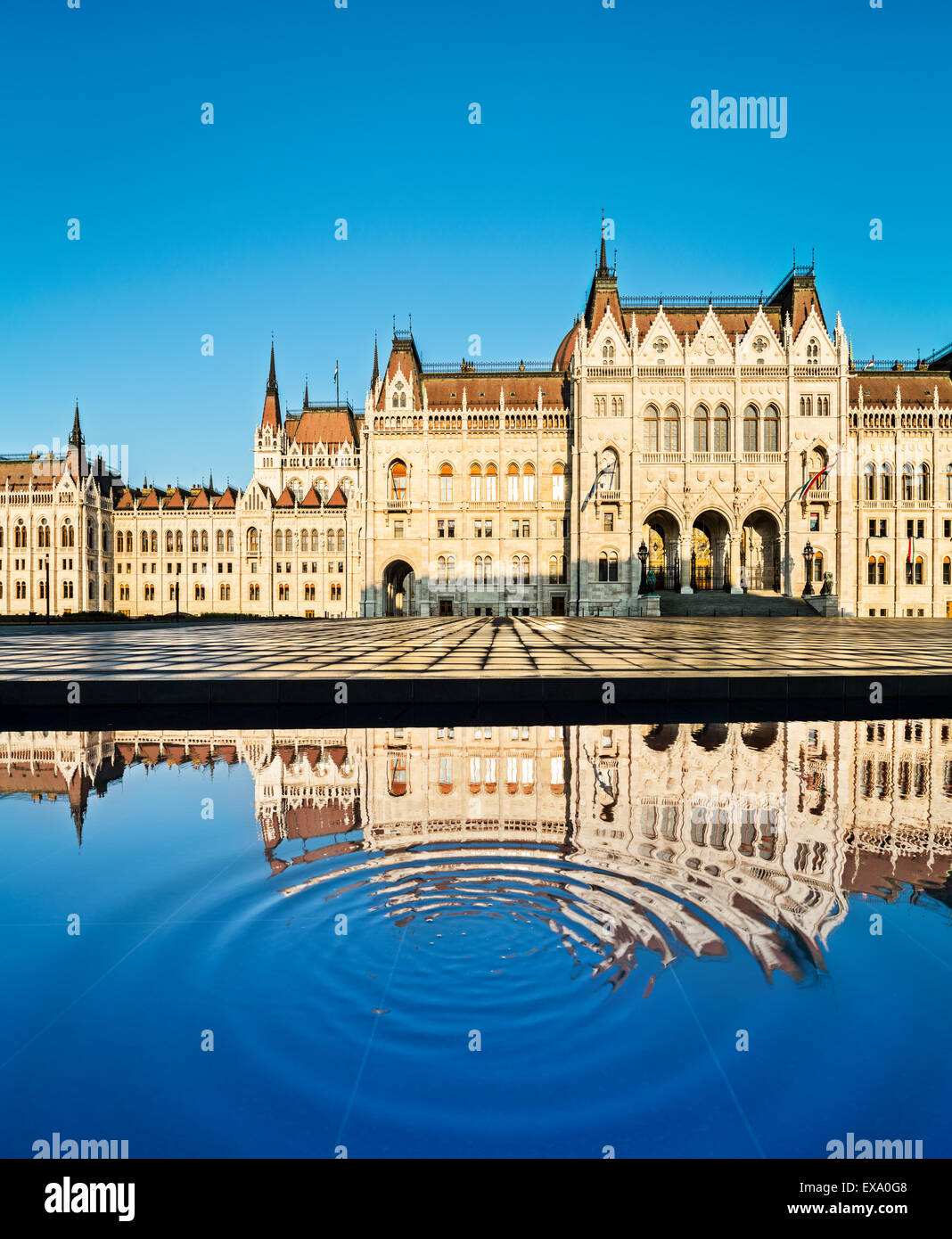 Front view of the Parliament building in Budapest with reflection in ...