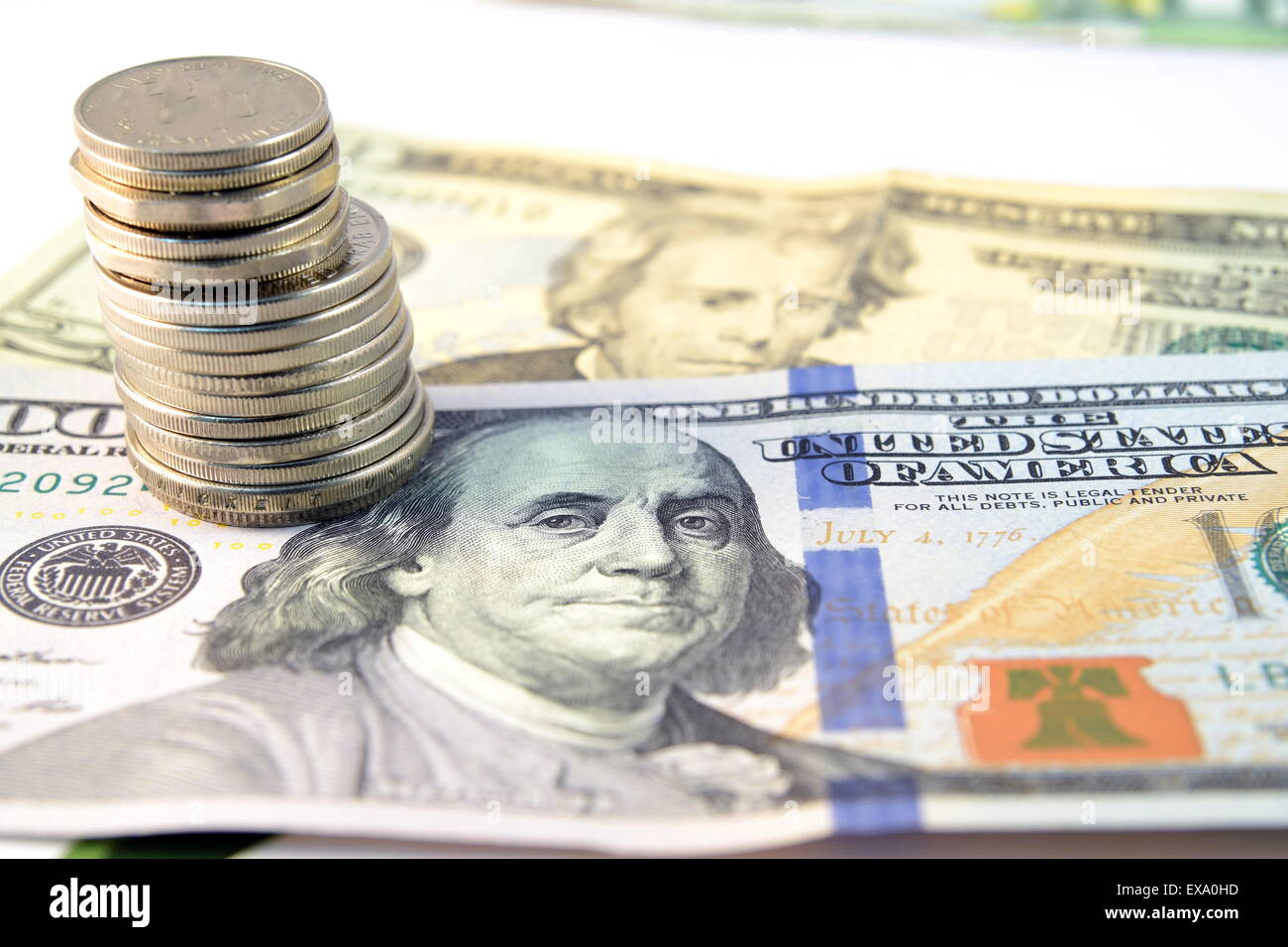 Close up of Various currency notes and coins from different countries ...