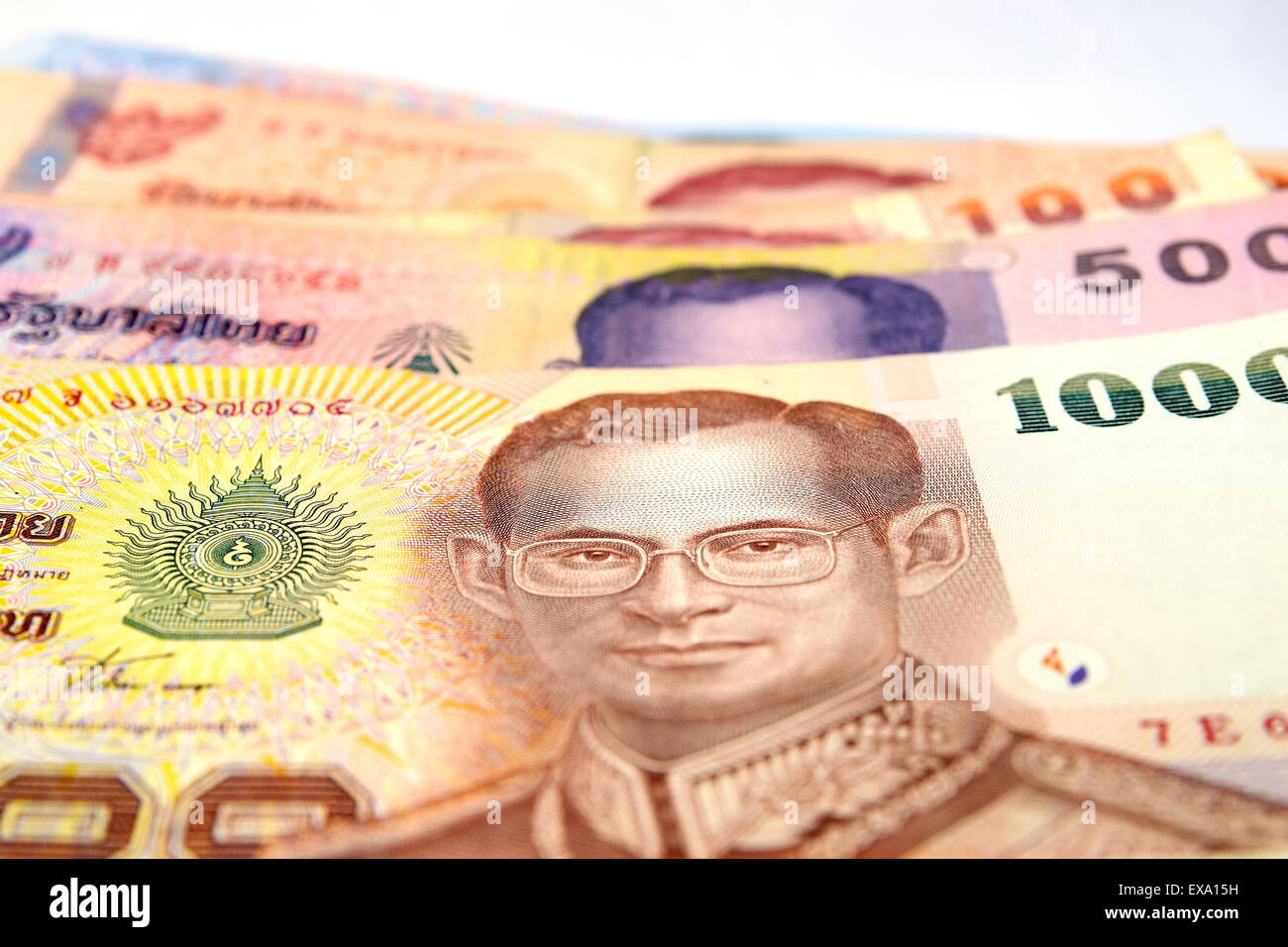 Close up of Various currency notes and coins from different countries ...