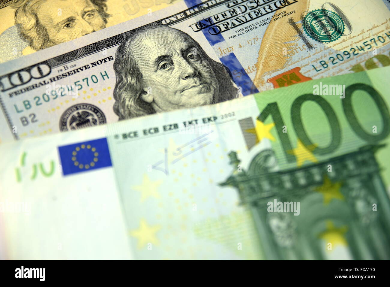 Close up of Various currency notes and coins from different countries ...