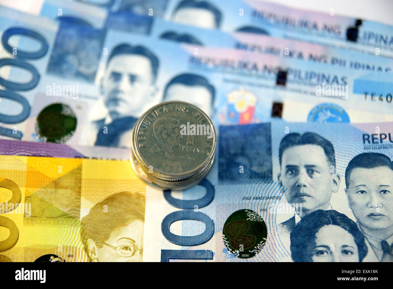 Close up of Various currency notes and coins from different countries ...