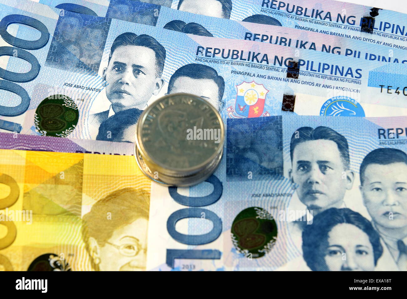 Close up of Various currency notes and coins from different countries ...