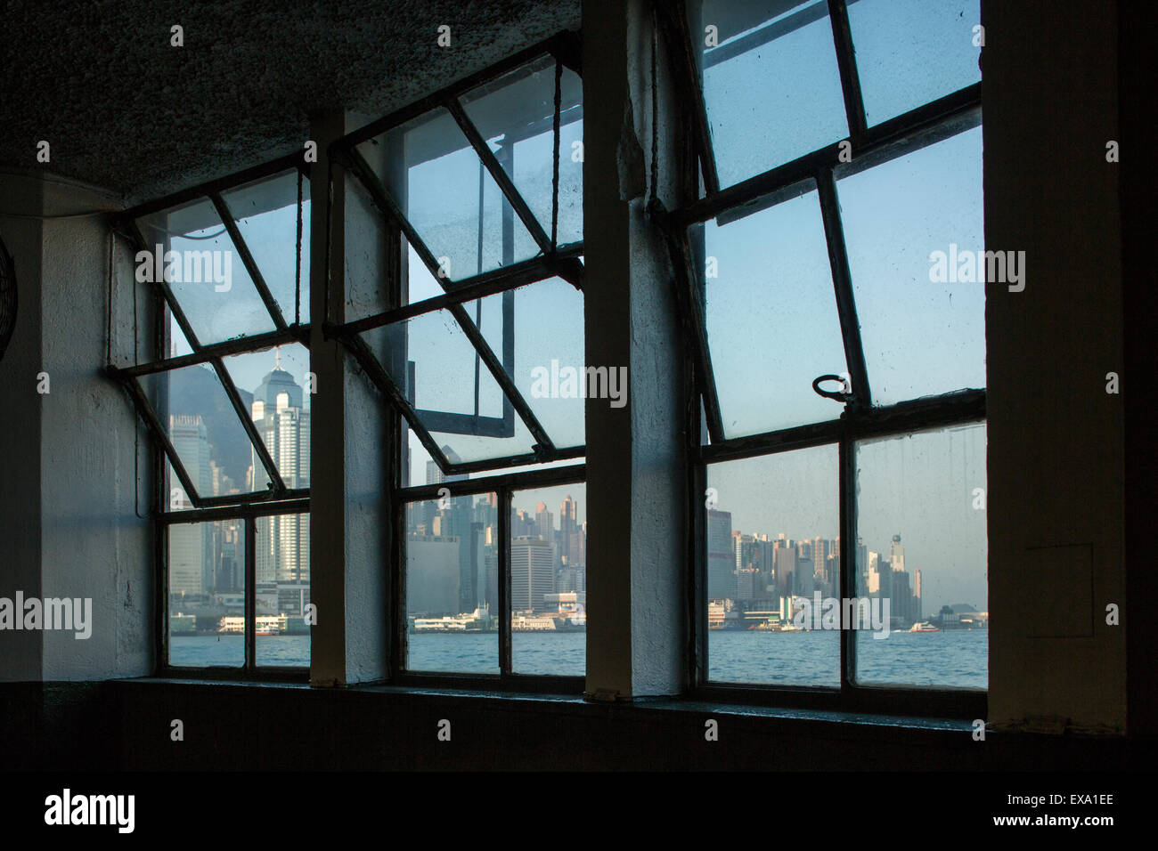 China, Hong Kong, View through windows of Kowloon Star Ferry Terminal ...