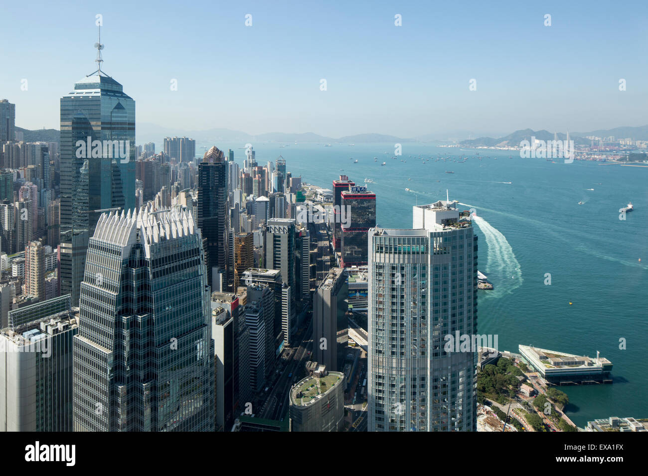 China, Hong Kong, Towering skyscrapers in Financial District viewed ...