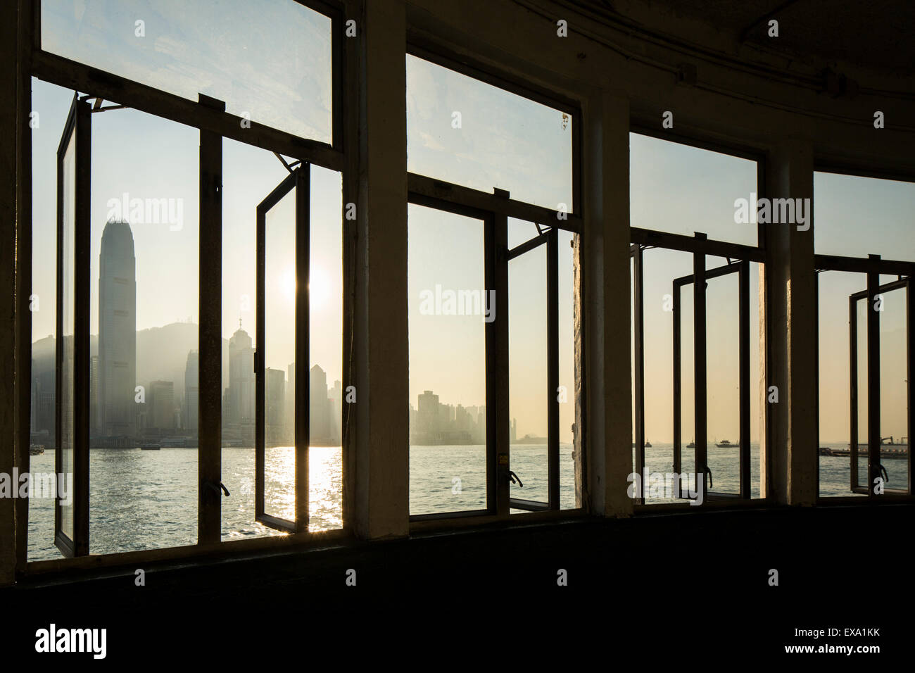 China, Hong Kong, View through windows of Kowloon Star Ferry Terminal ...