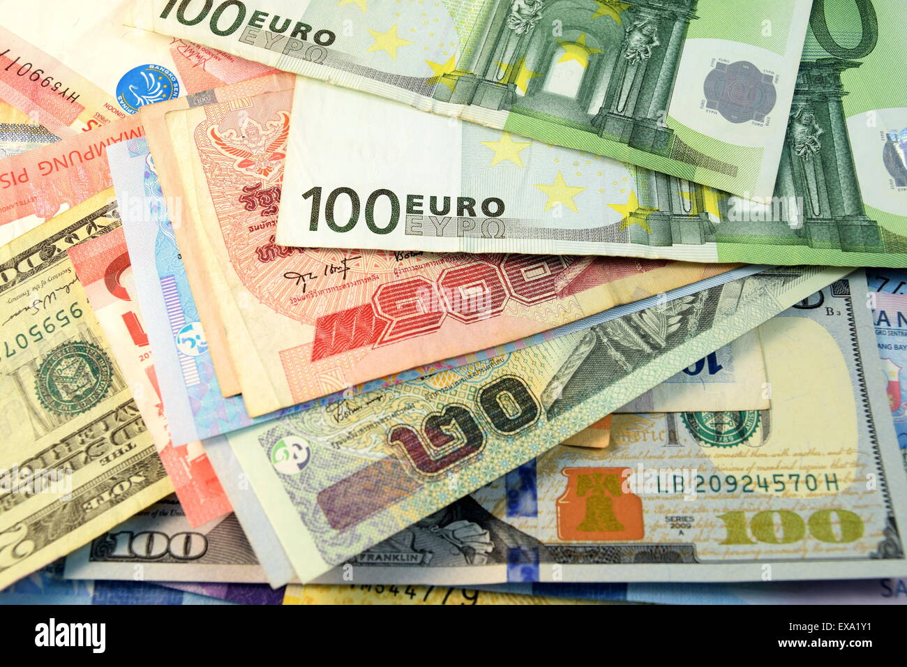 Close up of Various currency notes and coins from different countries ...