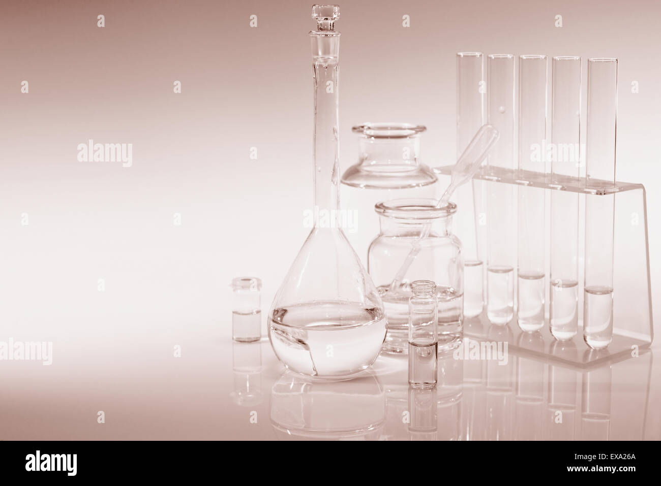 Scientific background with chemical glass, flask and tubes, sepia ...