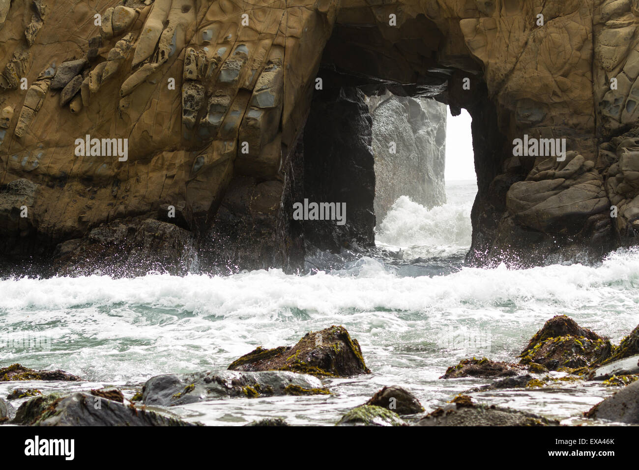 close up of a large rock with a natural tunnel and waves flowing thru ...