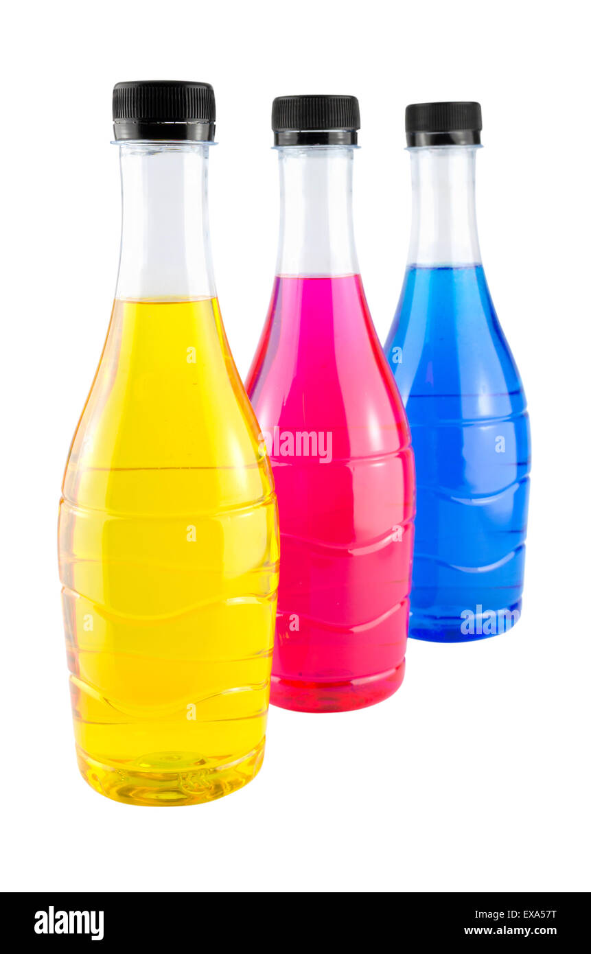 Bright colorful water in bottles on white background Stock Photo - Alamy