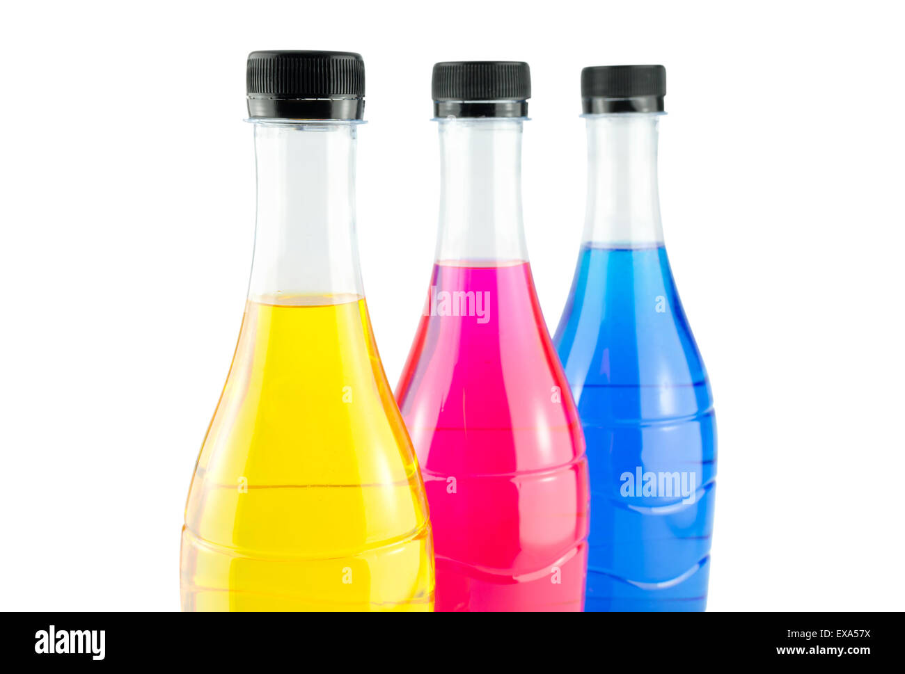 Bright colorful water in bottles on white background Stock Photo - Alamy