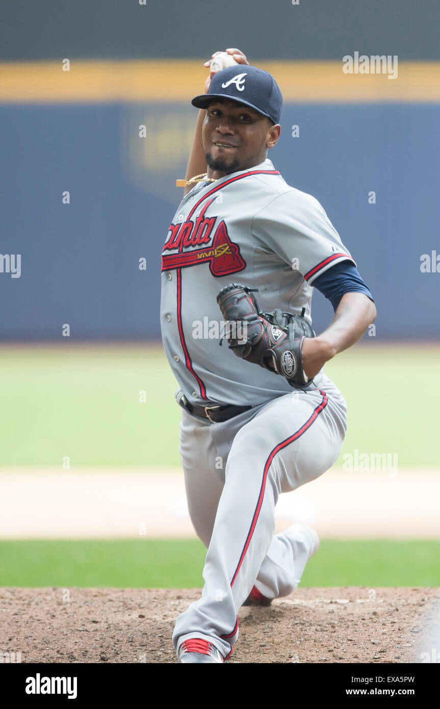 Milwaukee, WI, USA. 8th July, 2015. Atlanta Braves starting pitcher ...