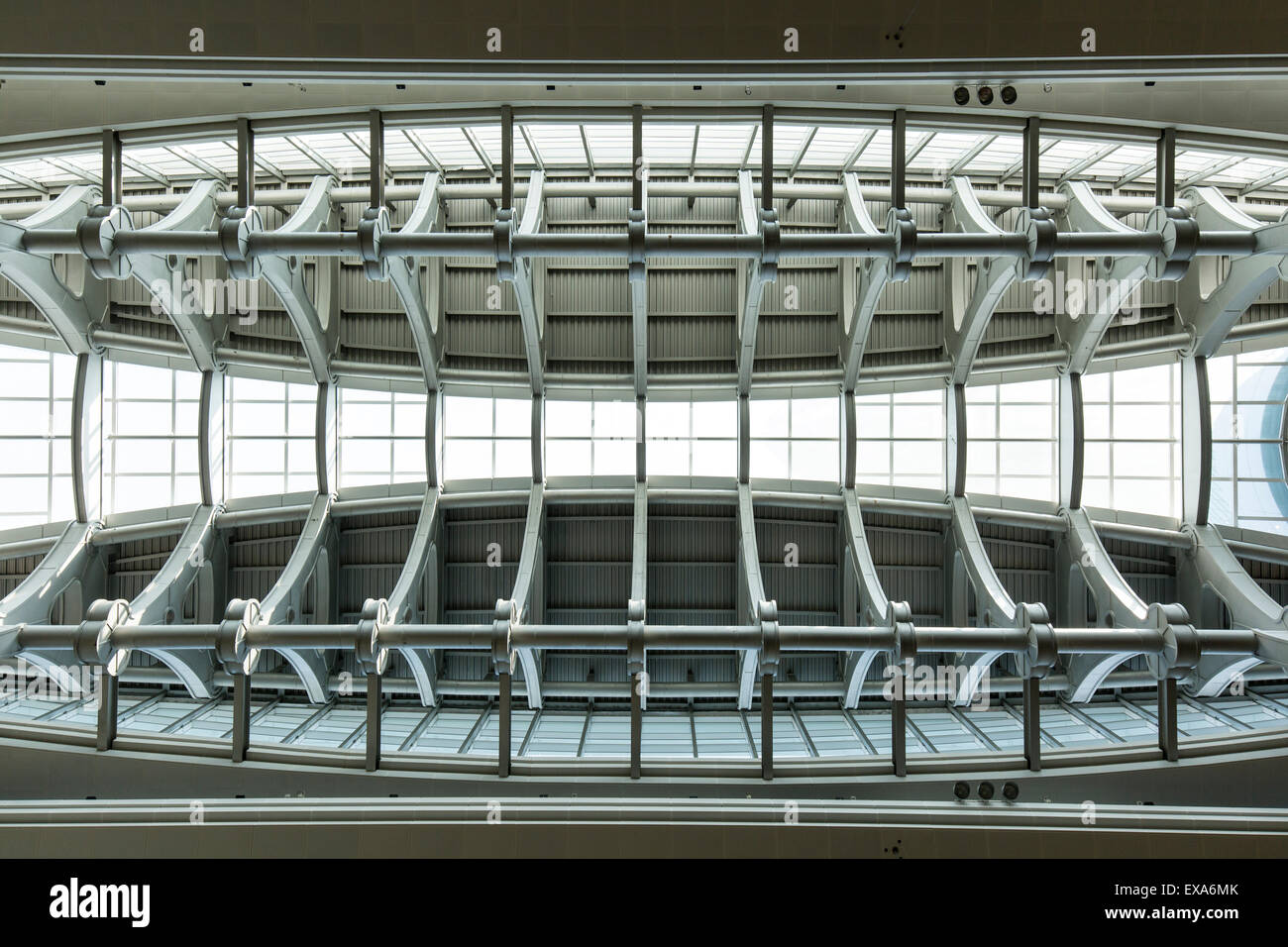 Taiwan, Taipei, Low angle view of structural elements of roof inside ...
