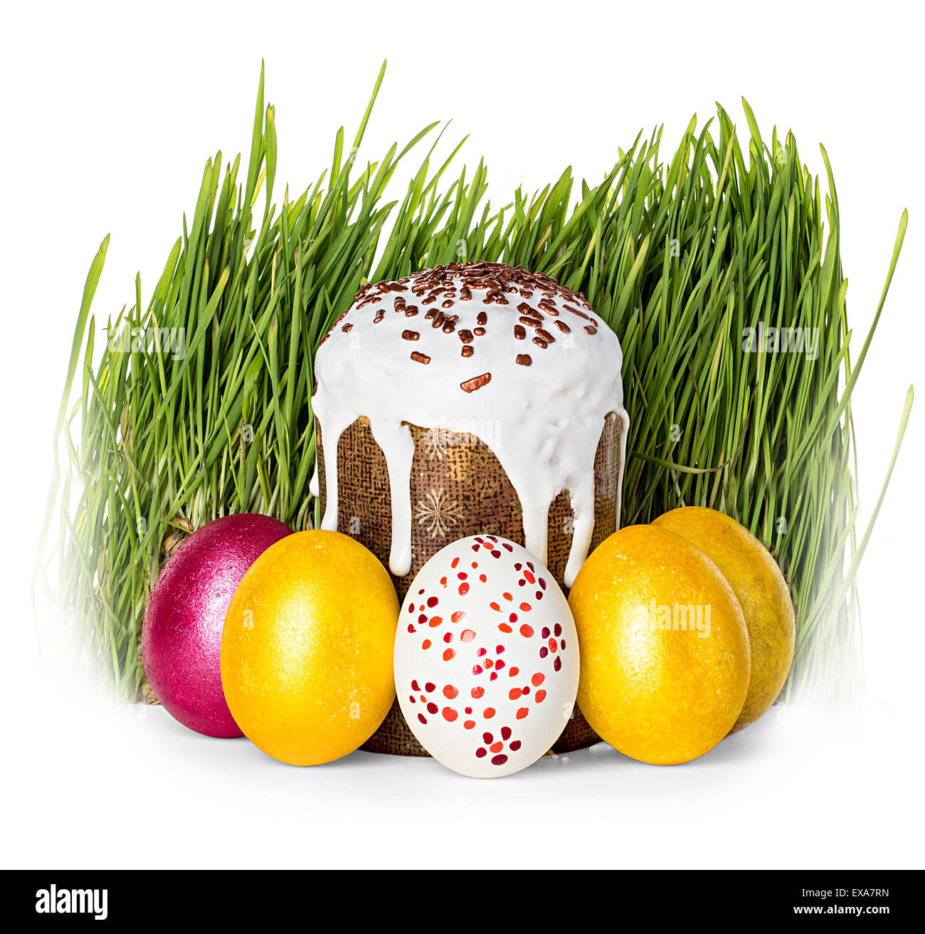 Easter cake and Easter eggs and Green grass isolated Stock Photo - Alamy