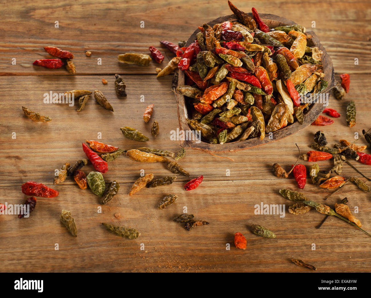 Chili peppers on a rustic wooden board Stock Photo - Alamy