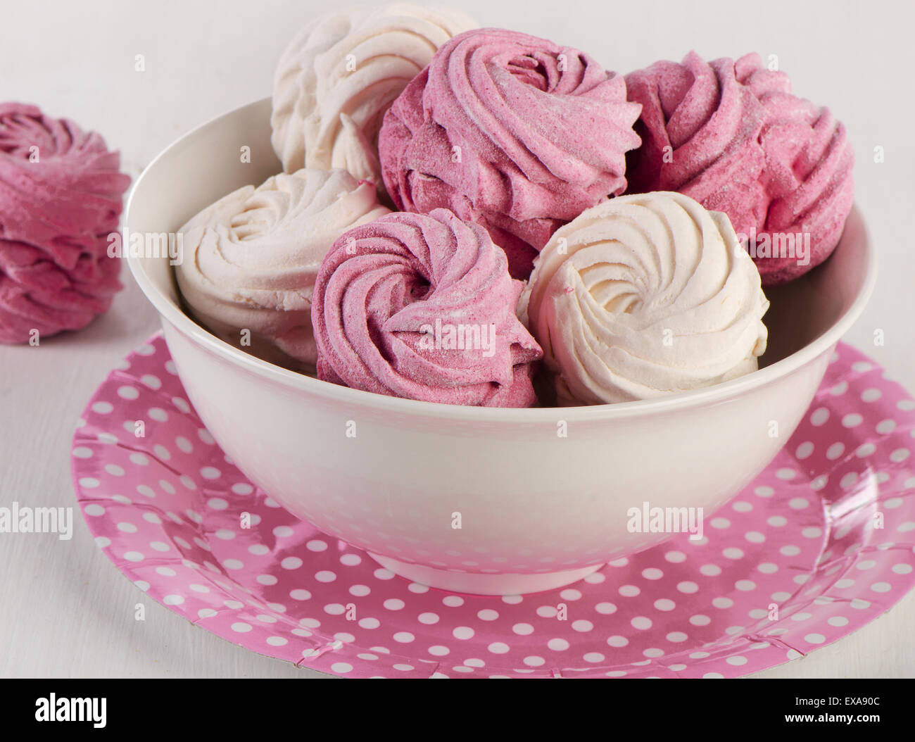 Homemade sweet marshmallow - Zephyr in a bowl. Selective focus Stock ...