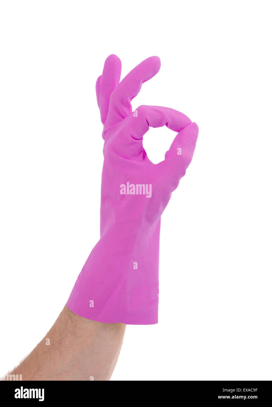 Hand gesturing with pink cleaning product glove - isolated on white ...