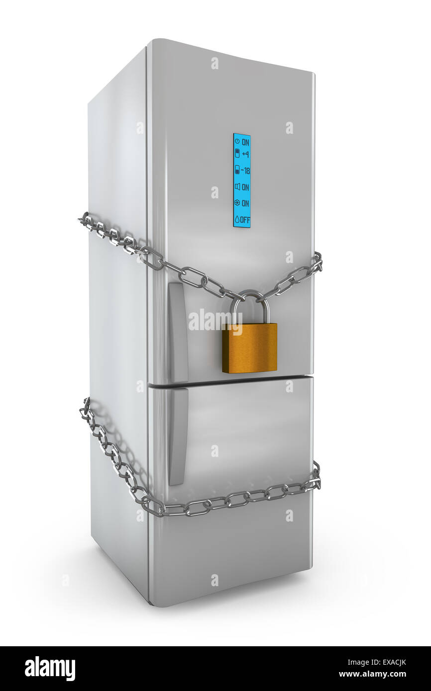 refrigerator with a lock and chain on white background Stock Photo - Alamy