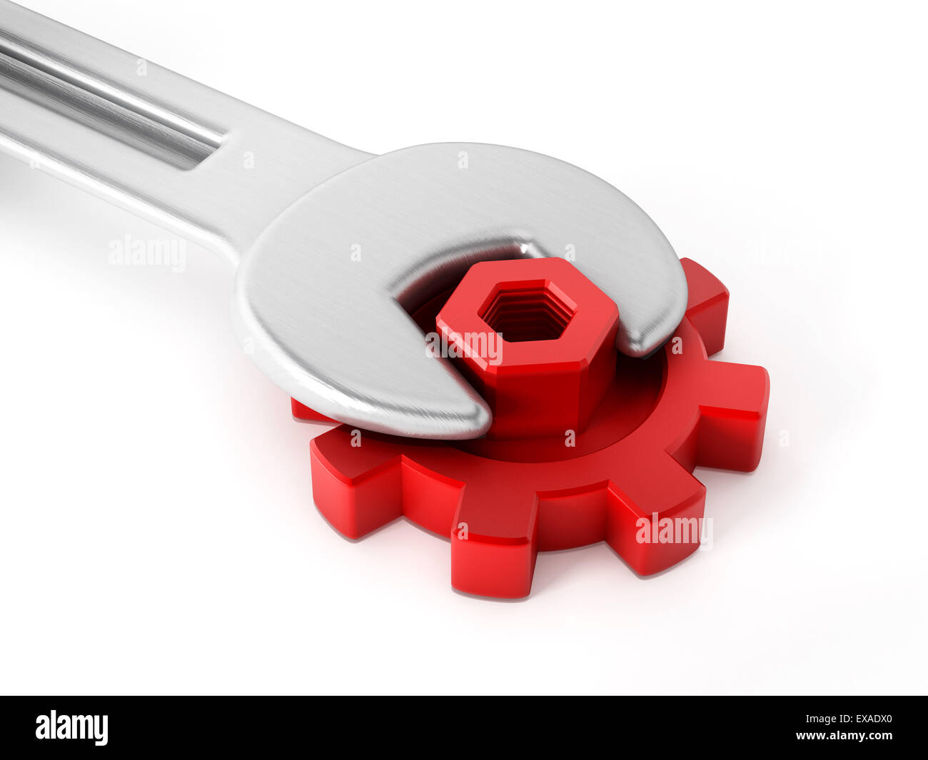 Wrench and bolt connected to red gear isolated on white background ...