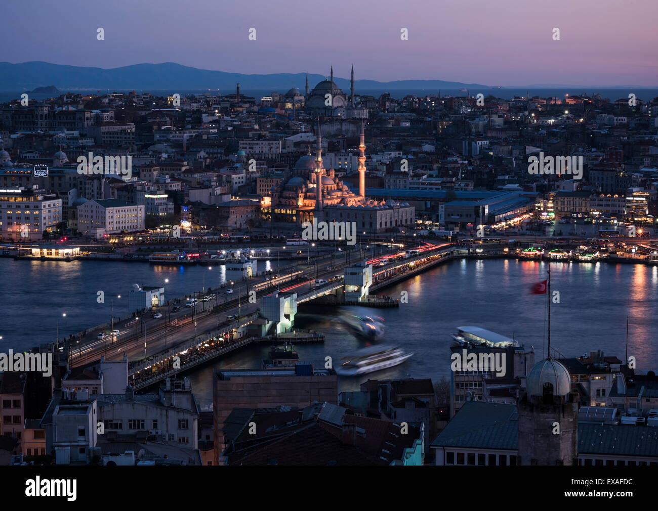 View over Istanbul skyline from The Galata Tower at night, Beyoglu ...