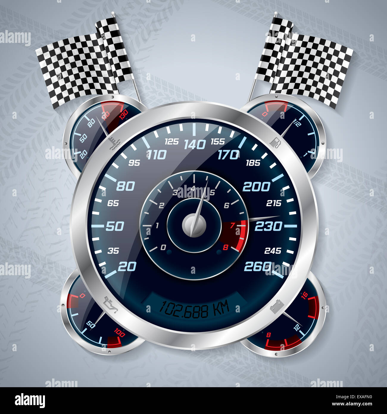 Cool shiny speedometer with rev counter and race flags Stock Photo - Alamy