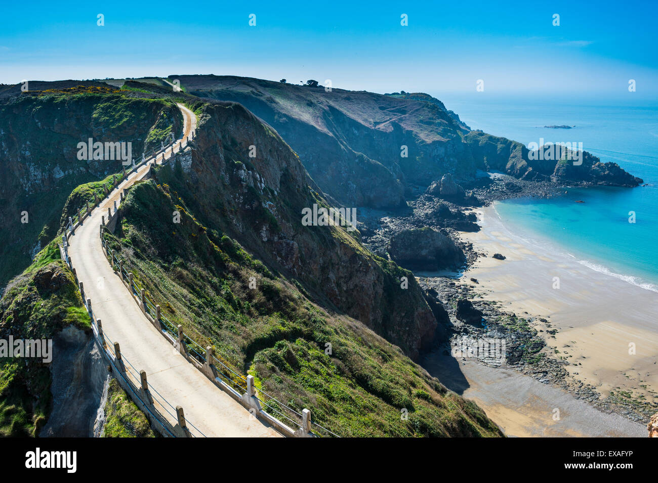 Road connecting the narrow isthmus of Greater and Little Sark, Channel ...