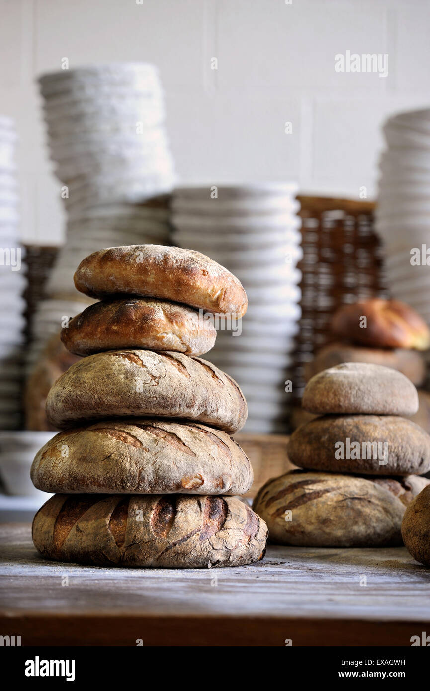 Stack of bread at the artisan bakery of Alex Gooch in Hay-on-Wye ...