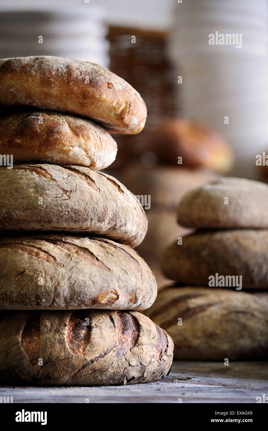 Stack of bread at the artisan bakery of Alex Gooch in Hay-on-Wye ...