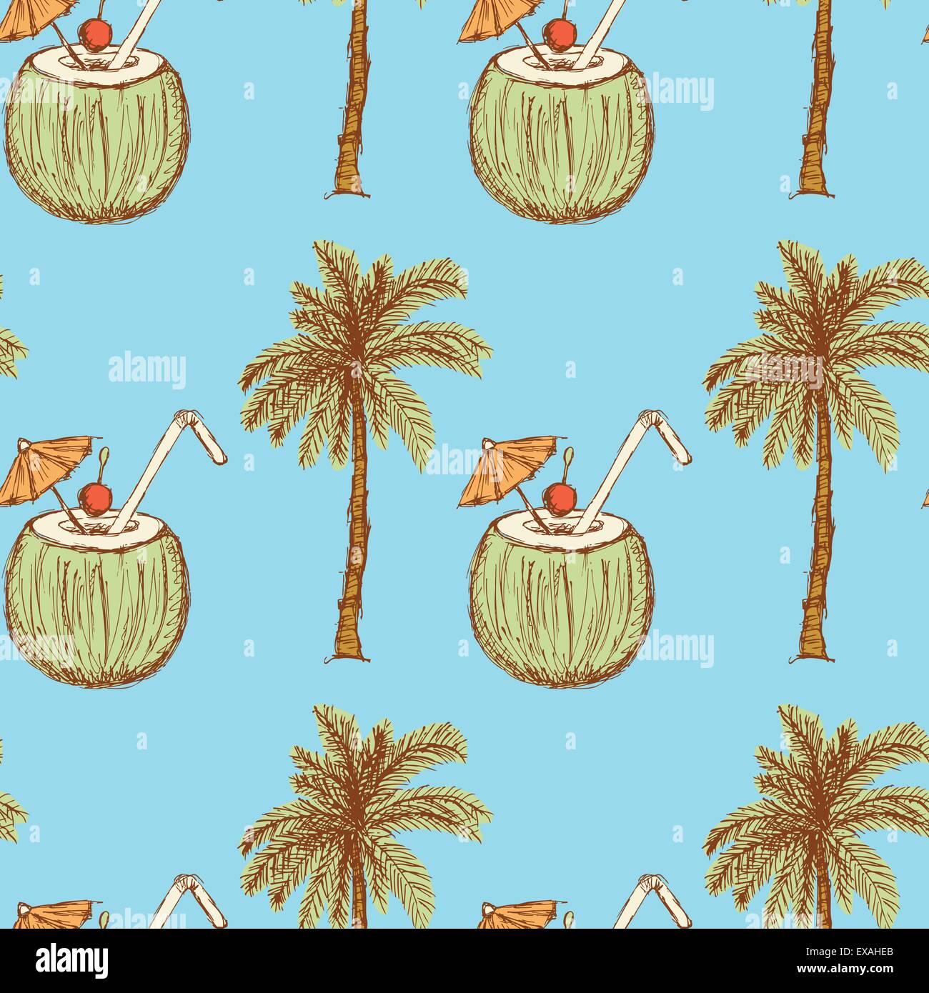 Sketch palm and coconut cocktail in vintage style, vector seamless ...