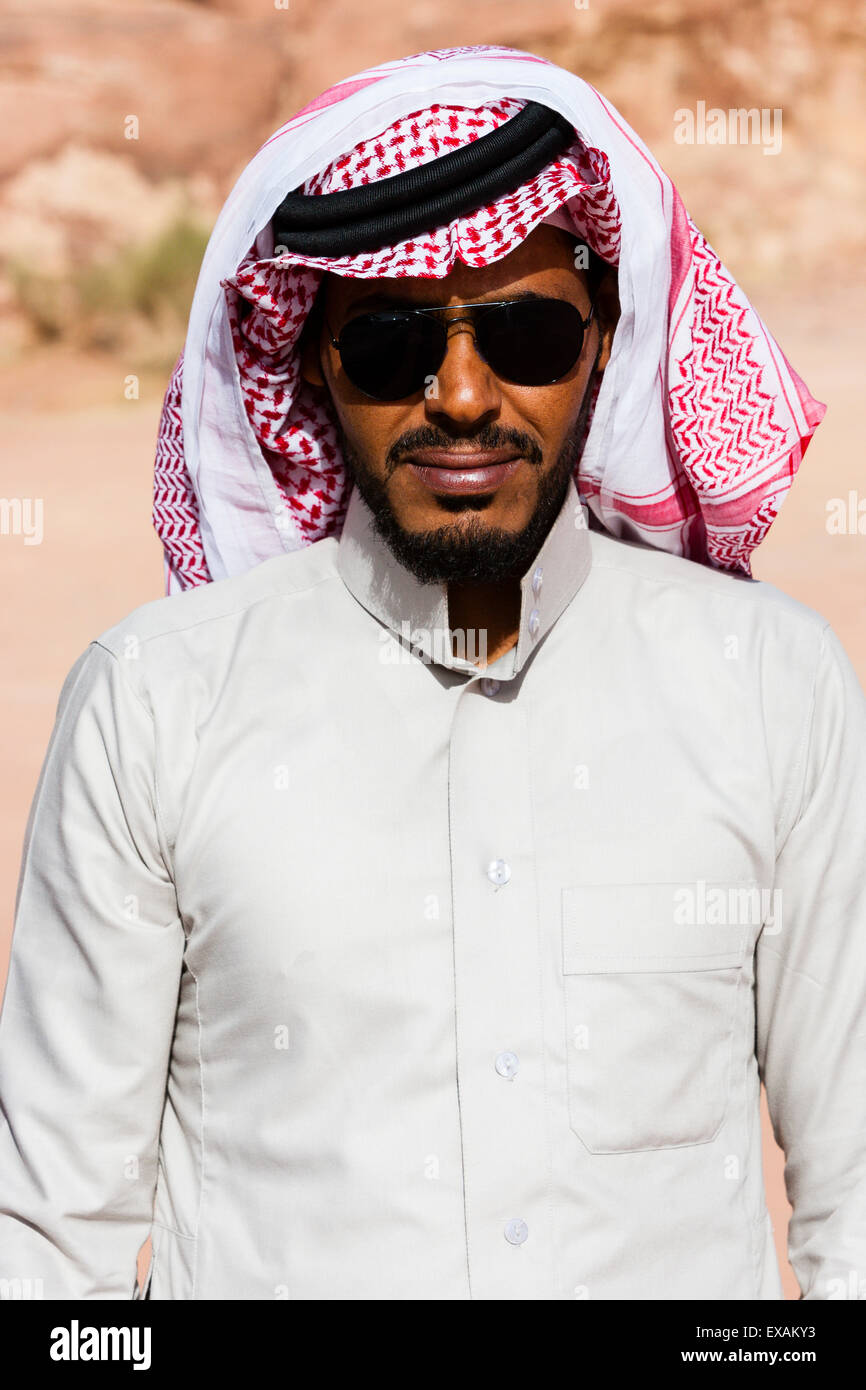 Wadi Rum desert, Jordan. 9th June 2015. Portrait of male tourist guide ...