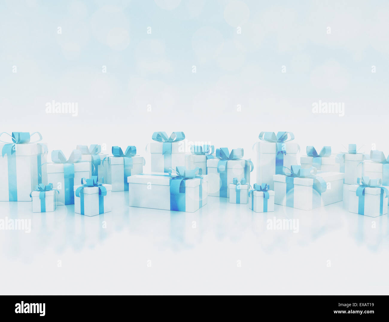 Row of blue ribbon gift boxes. Christmas presents Stock Photo - Alamy