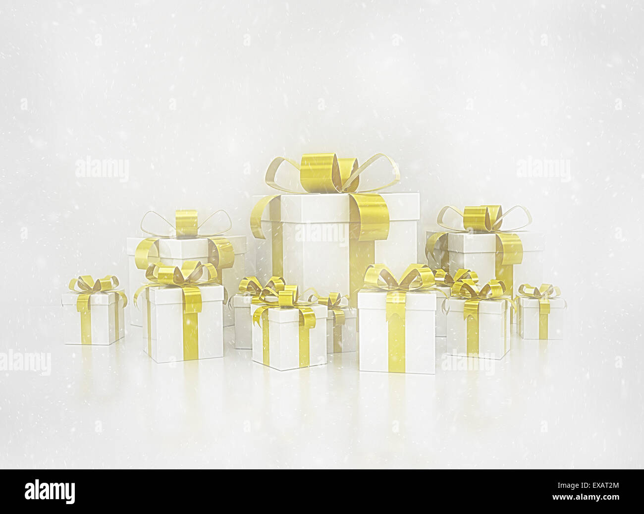 Group of gold ribbon gift boxes and snow flakes Stock Photo - Alamy