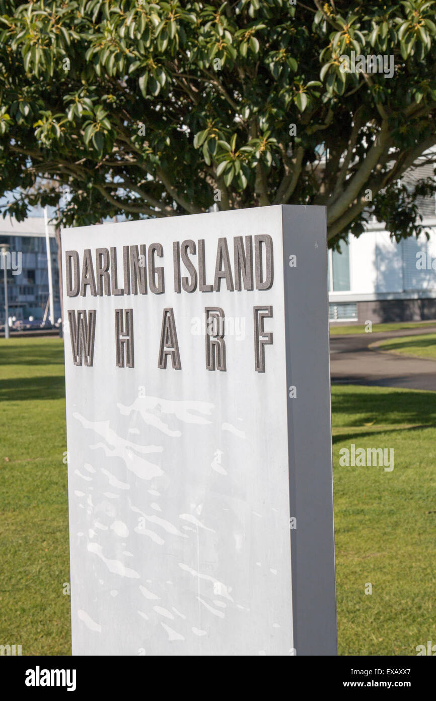 Sign for Darling island ferry boating wharf in Sydney city centre ...
