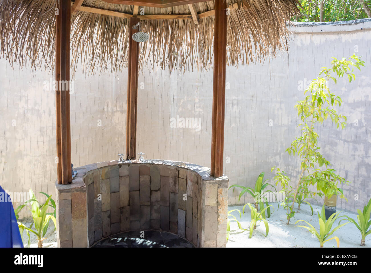 Outdoor open air shower of a beach villa of a resort in Maldives Stock ...