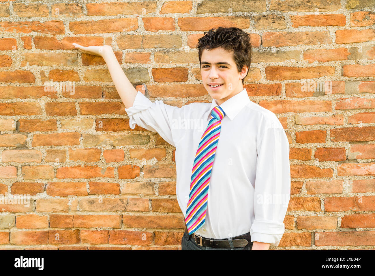 Handsome Caucasian boy wearing a white shirt and a regimental tie with ...