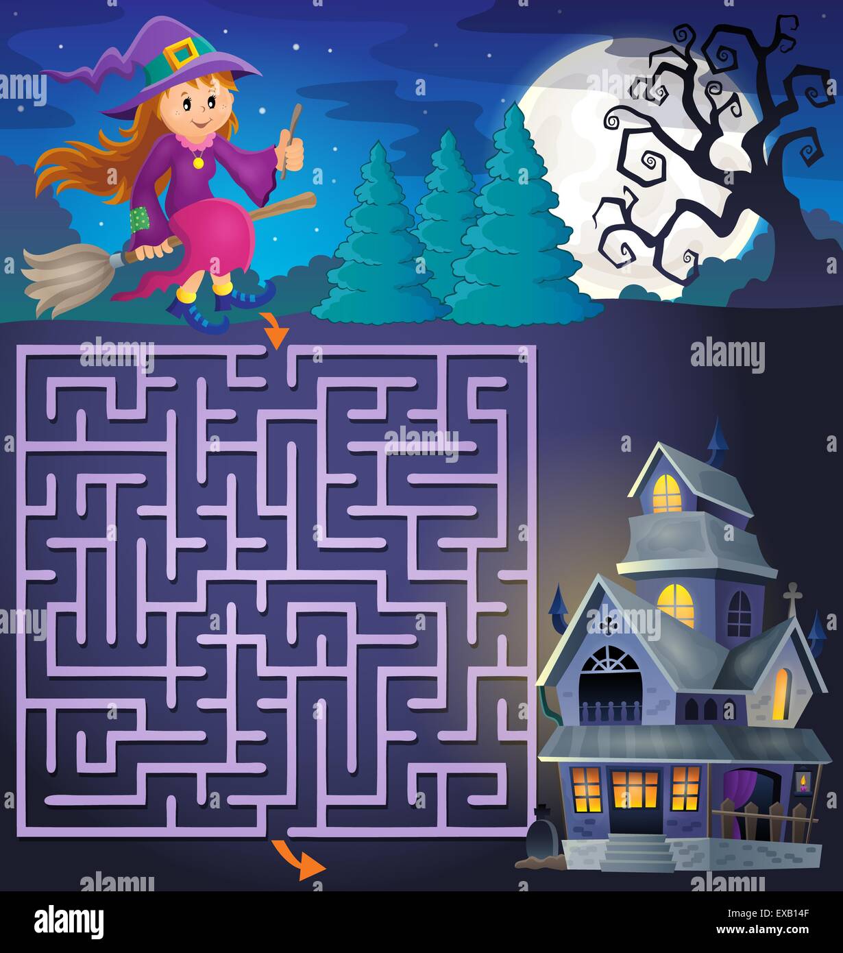 Maze 3 with cute witch and haunted house - picture illustration Stock ...