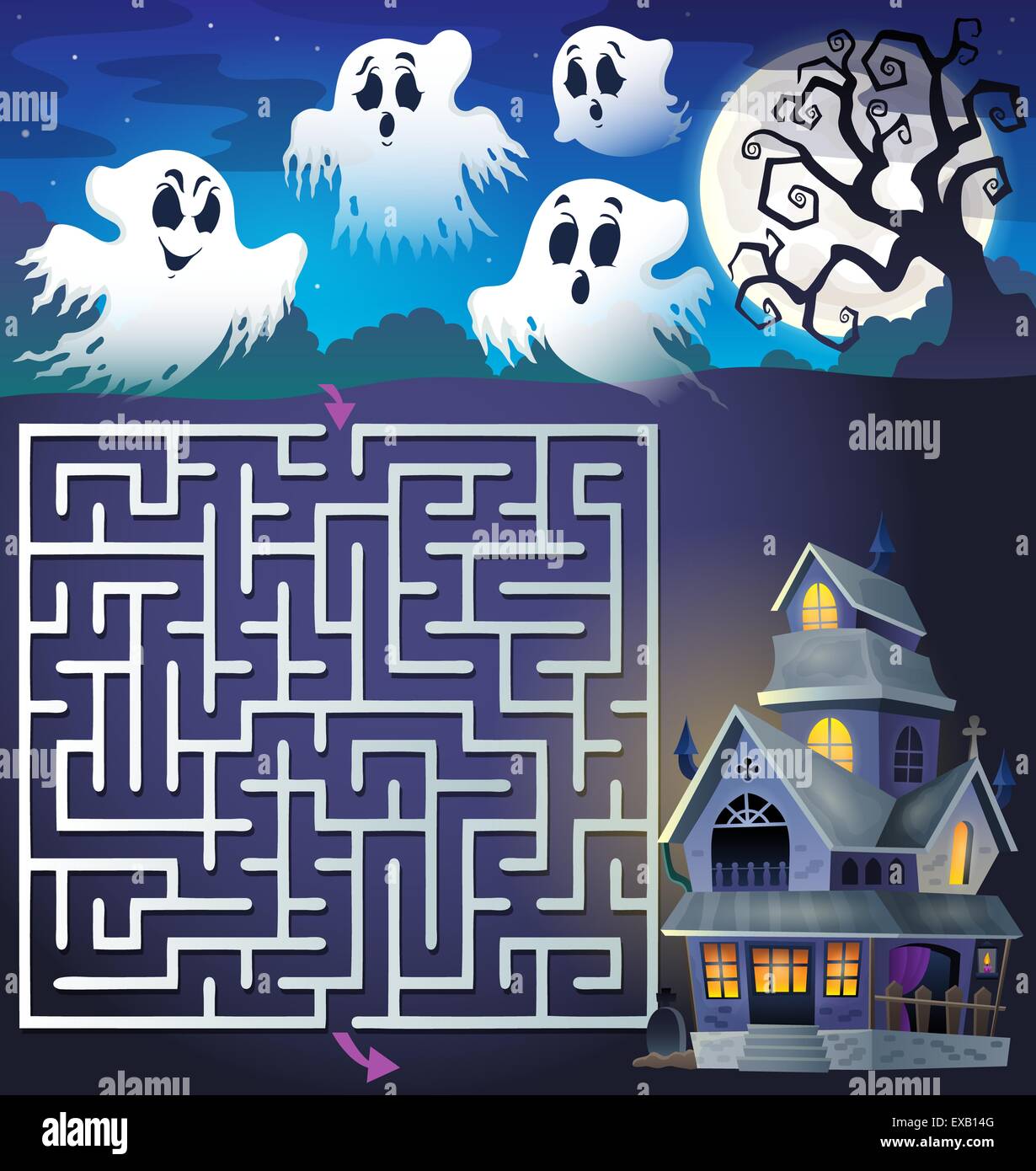 Maze 3 with ghosts and haunted house - picture illustration Stock Photo ...