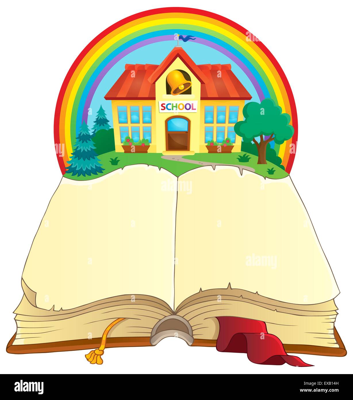 Open book and school building - picture illustration Stock Photo - Alamy