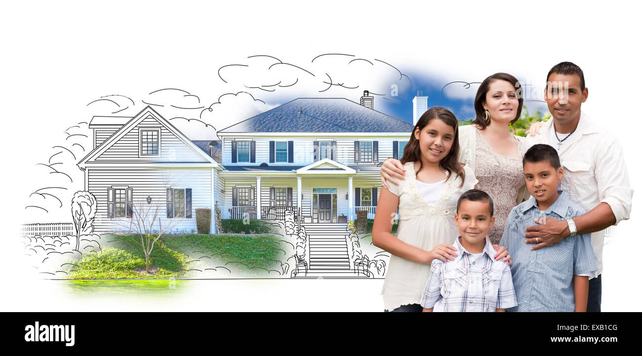 Young Hispanic Family Over House Drawing and Photo Combination on White ...