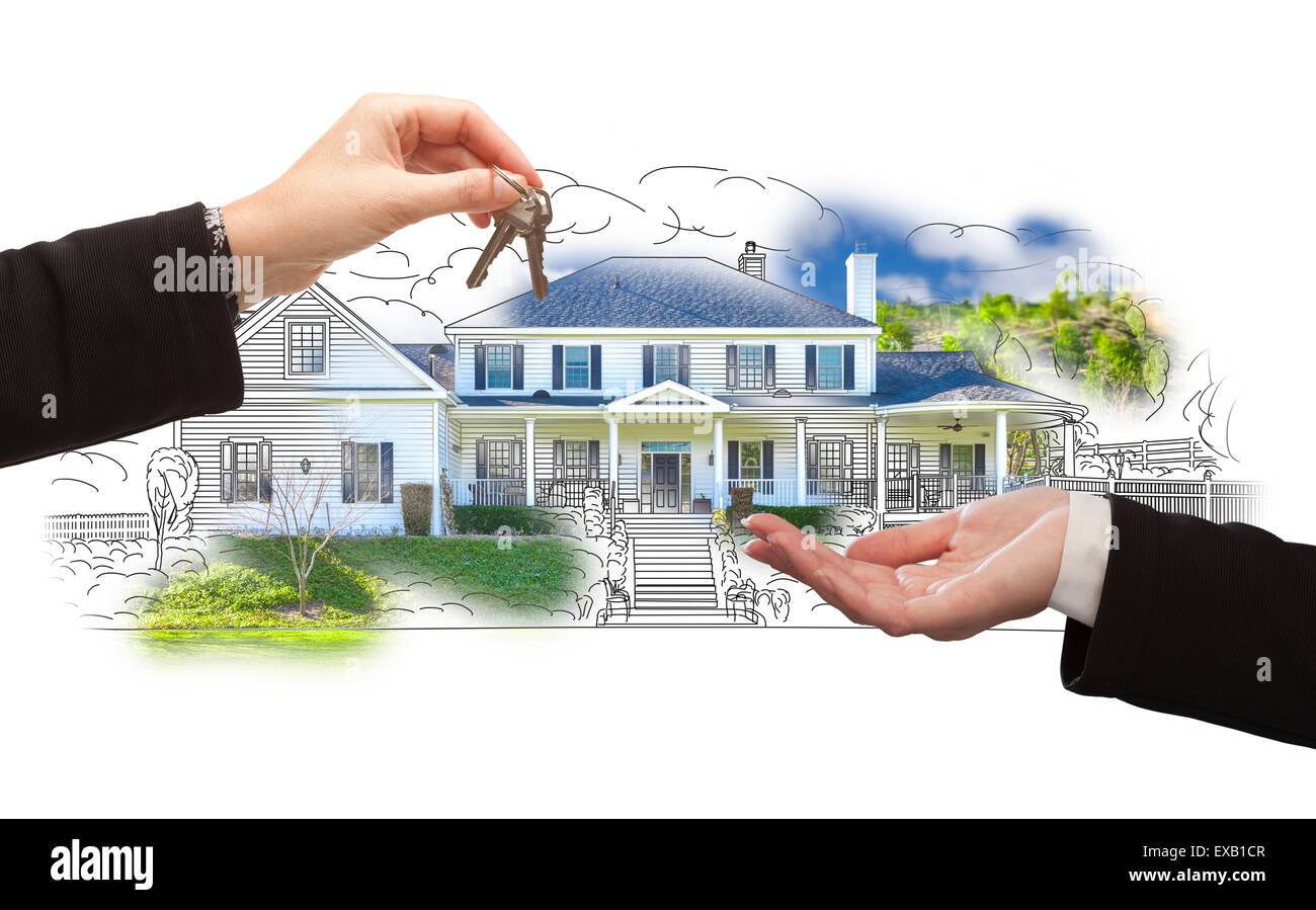 Handing Over Keys On House Drawing and Photo Combination on White Stock ...