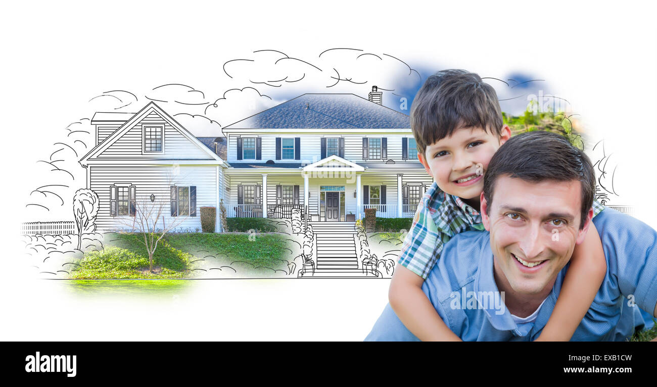 Father and Son Over House Drawing and Photo Combination on White Stock ...