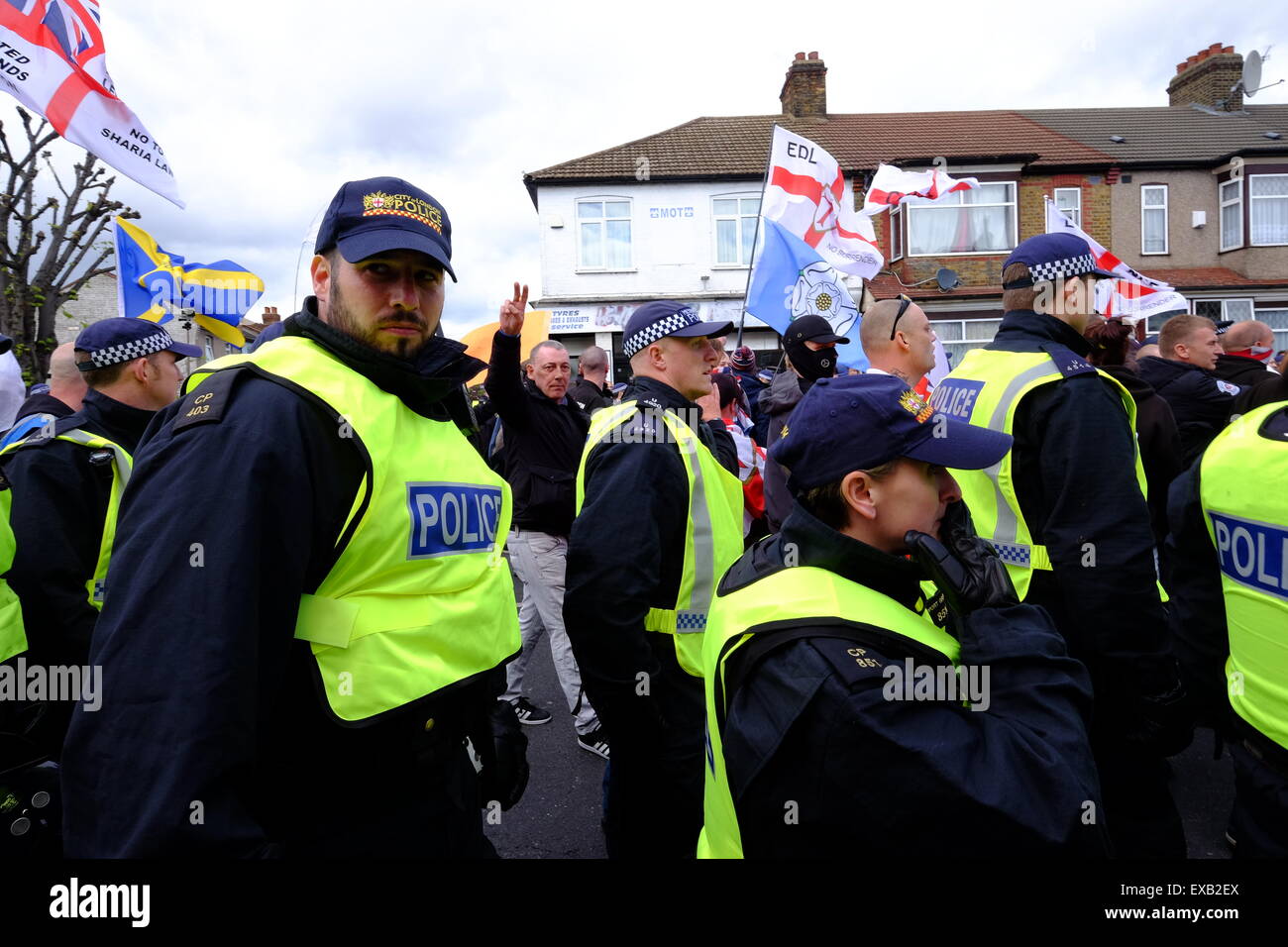 The English Defence League march in Walthamstow. A counter protest by ...