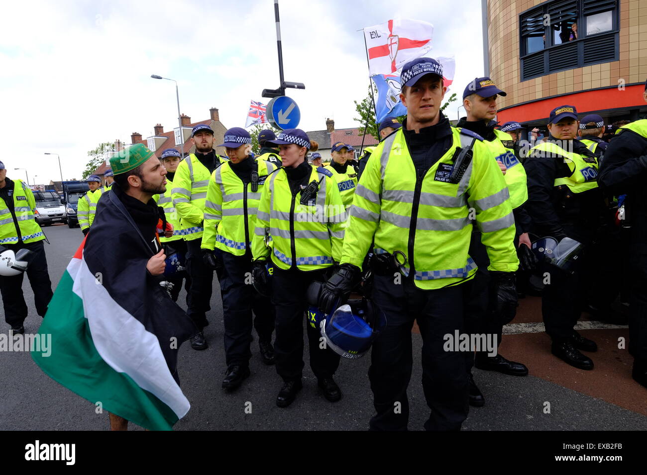 The English Defence League march in Walthamstow. A counter protest by ...